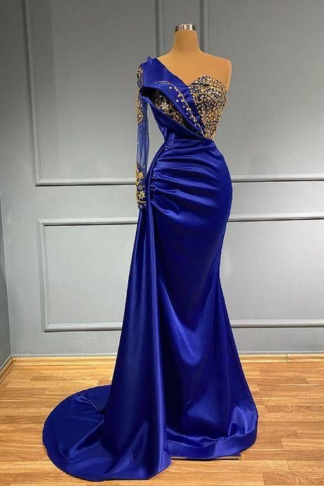 Royal Blue One Shoulder Long Sleeves Satin Mermaid Prom Dress with Bea – BIZTUNNEL