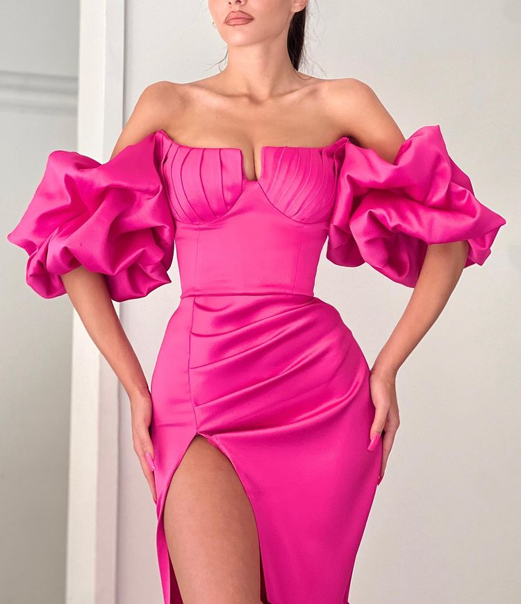 Fuchsia Strapless Off-the-Shoulder Puff Sleeve Mermaid Evening Dress w – BIZTUNNEL