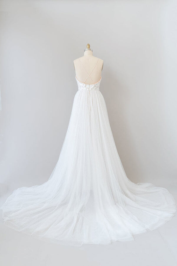 Amazing Long A Line Chapel Train Appliques Tulle Backless Wedding Dres