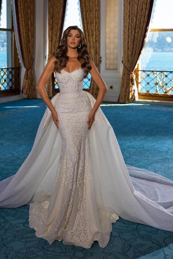 Elegant Long Mermaid Sweetheart Lace Wedding Dress with Detachable Tra ...