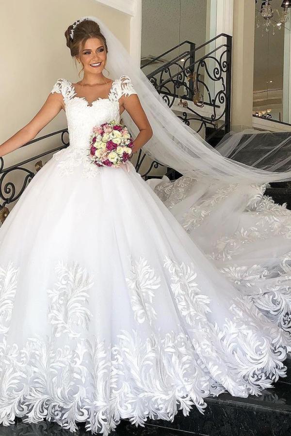 Elegant Long Princess Tulle Lace Wedding Dress with Cap Sleeves – BIZTUNNEL