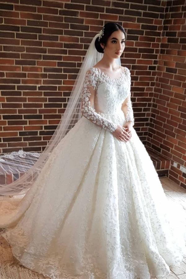 Elegant Long Princess Tulle Lace Wedding Dresses with Sleeves – BIZTUNNEL