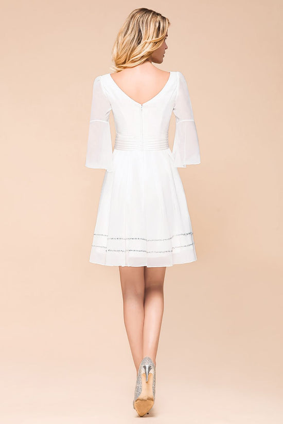 Elegant White Short Deep V-neck A-line Chiffon Bridesmaid Dress with S ...