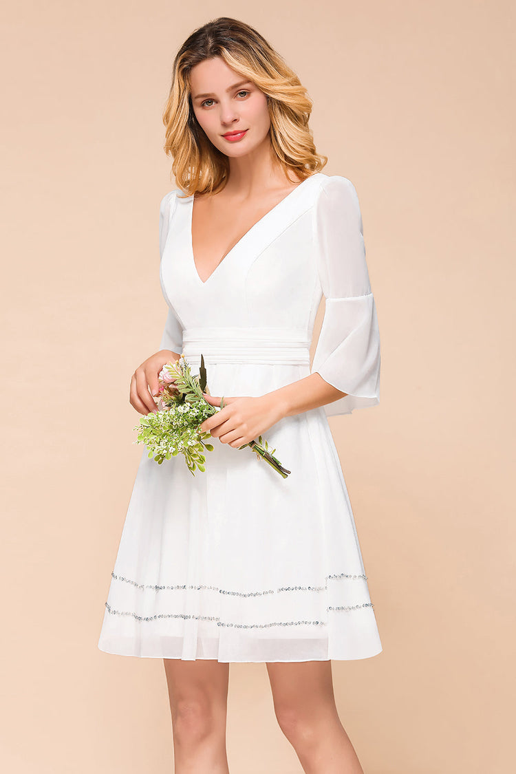 Elegant White Short Deep V-neck A-line Chiffon Bridesmaid Dress with S ...