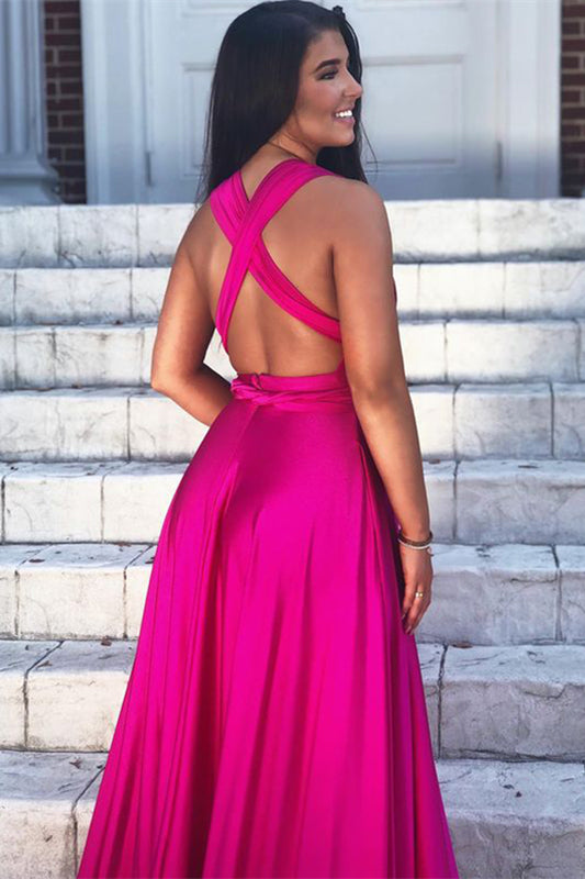 Fuchsia Long Chiffon Sleeveless V-Neck A-Line Prom Dress with Split ...