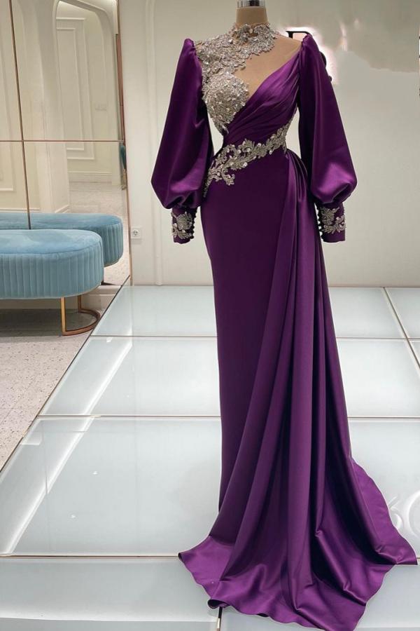 Glamorous Long Sleeves High Neck Satin Mermaid Prom Dresses – BIZTUNNEL