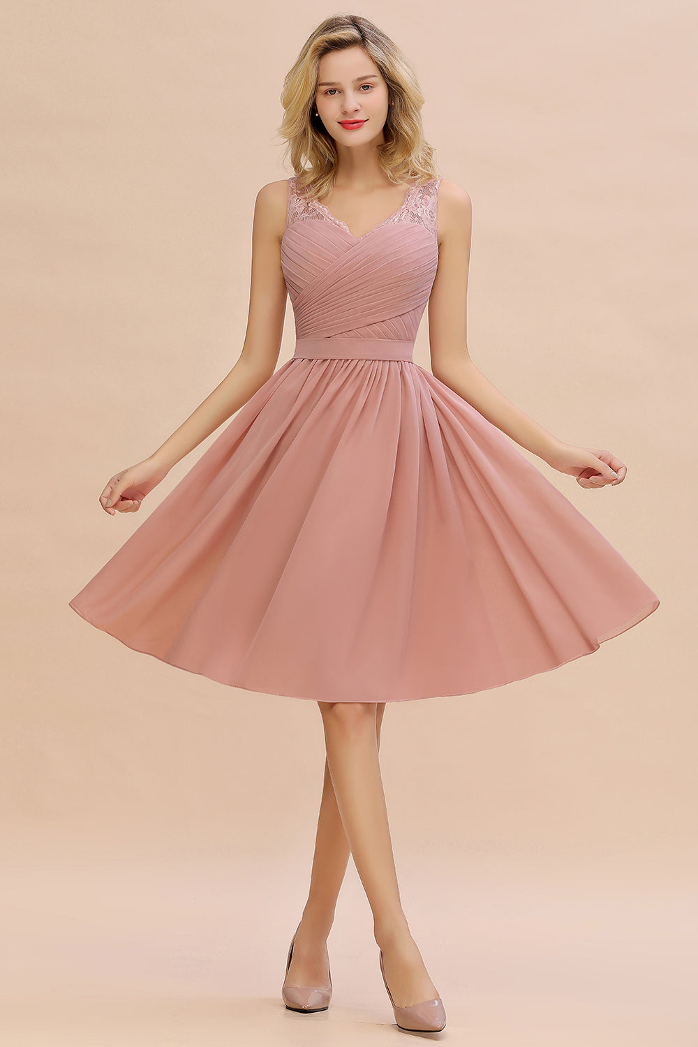 Glamorous Short A-Line V-neck Chiffon Dusty Rose Bridesmaid Dress ...
