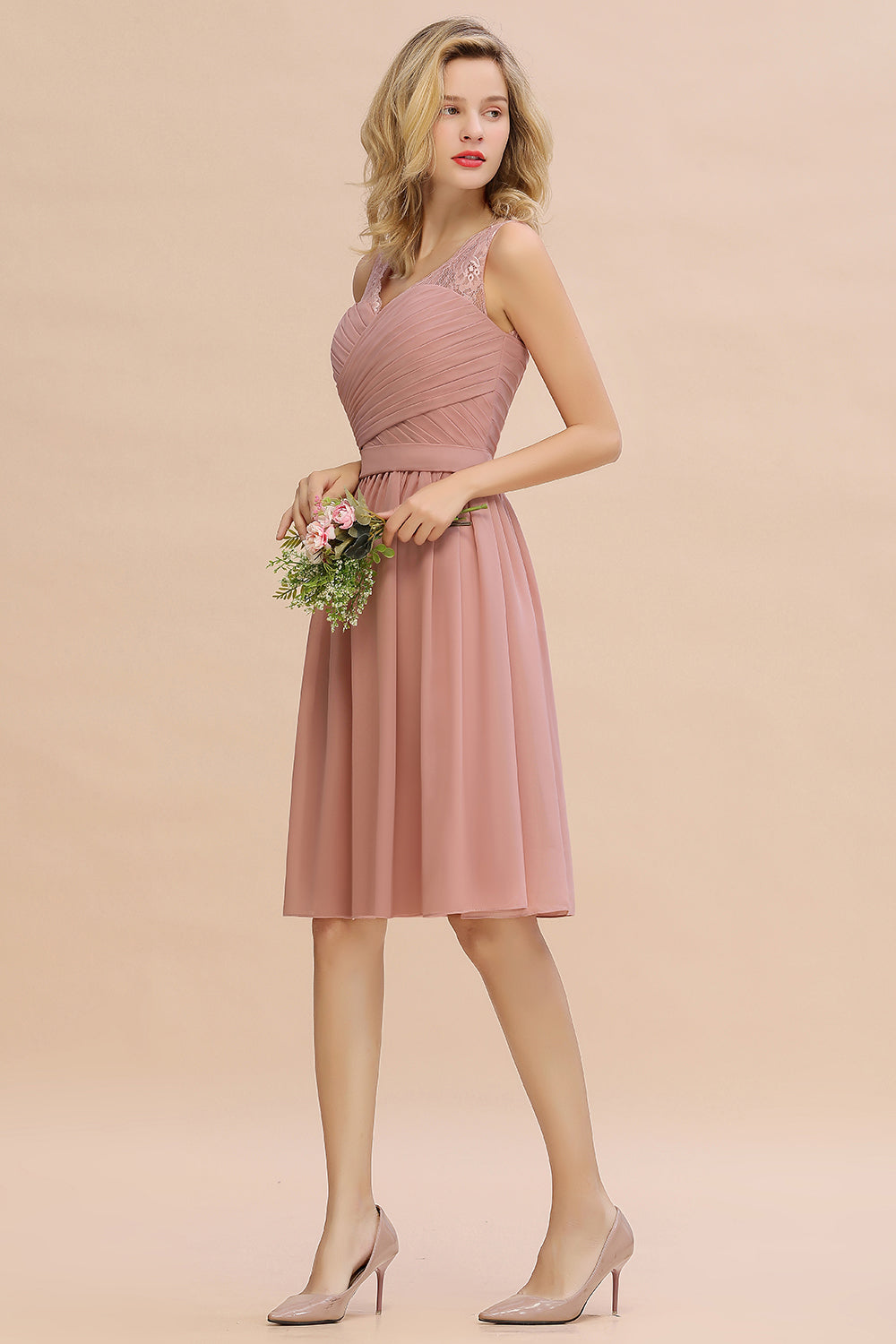 Glamorous Short A-Line V-neck Chiffon Dusty Rose Bridesmaid Dress ...