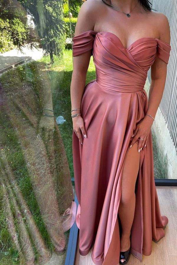 Gorgeous Long A-line Off the Shoulder Ruched Satin Prom Dress with Sli ...