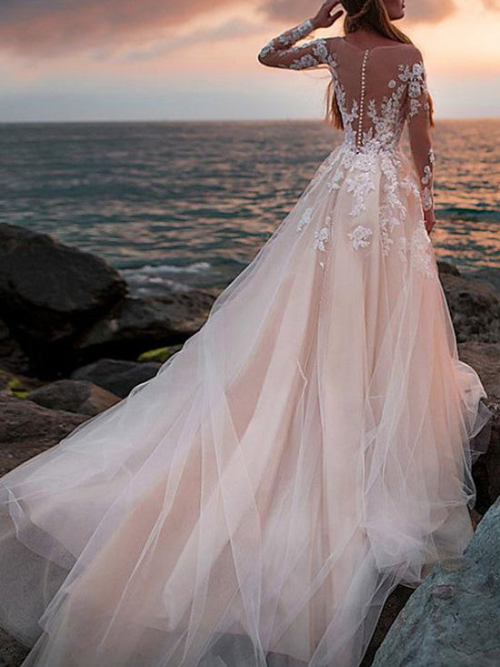 Long A-Line Jewel Neck Court Train Lace Tulle Wedding Dresses with Sle ...