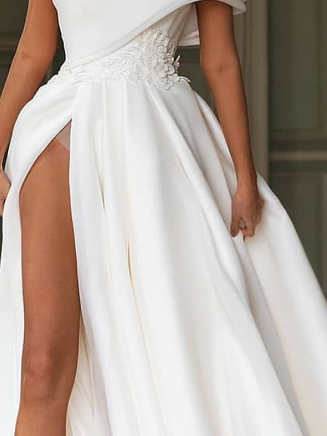 Long A-Line One Shoulder Sweep Brush Train Chiffon Wedding Dresses wit ...