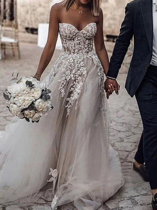Long A-Line Strapless Sweep Brush Train Lace Tulle Sleeveless Wedding ...