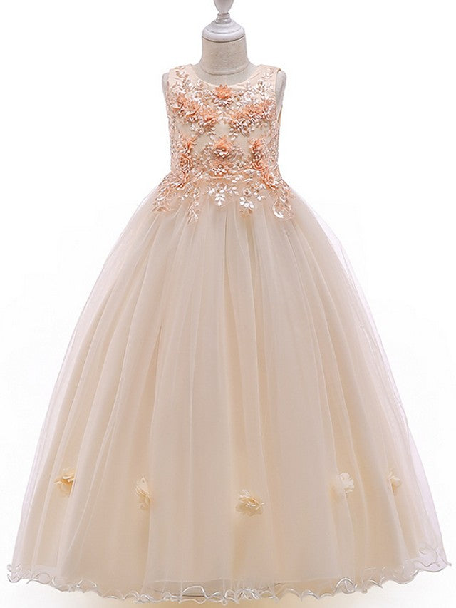 Long A-Line Tulle Jewel Neck Pageant Flower Girl Dresses With Bow ...