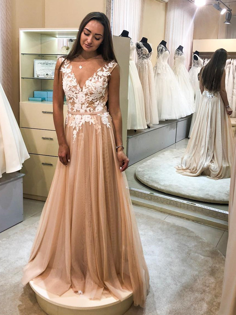 Long A-line V Neck Tulle Lace Floral Formal Graduation Prom Dresses ...