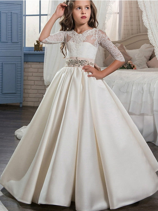 Long Ball Gown Satin Event Party Formal Evening Flower Girl Dresses wi ...