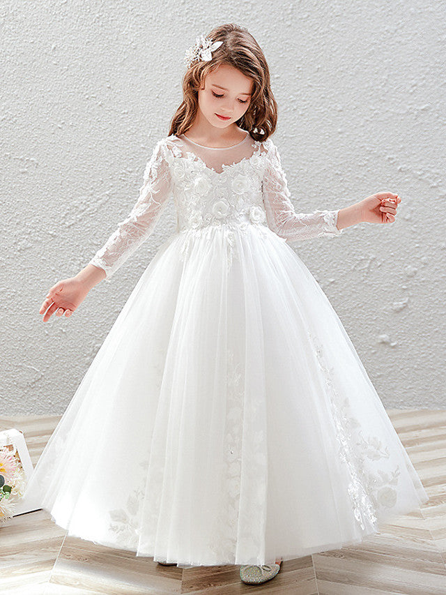 Long Ball Gown Tulle Jewel Neck Wedding Party Flower Girl Dresses with ...