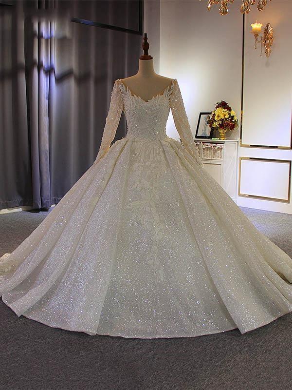 Long Ball Gown V Neck Sequins Wedding Dresses With Sleeves Biztunnel