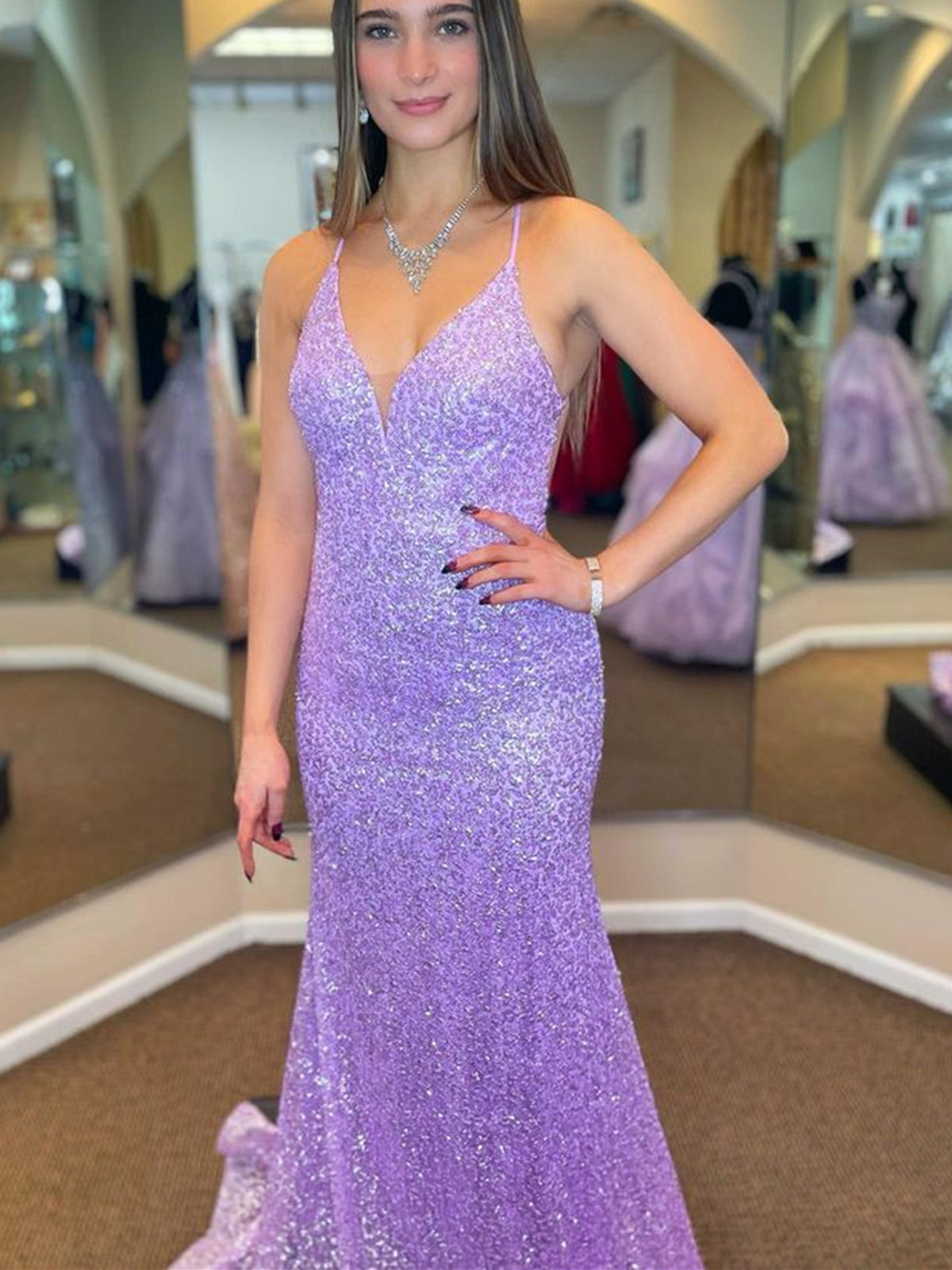 Long Mermaid V-neck Sequins Backless Prom Dress Lilac Formal Evening D ...