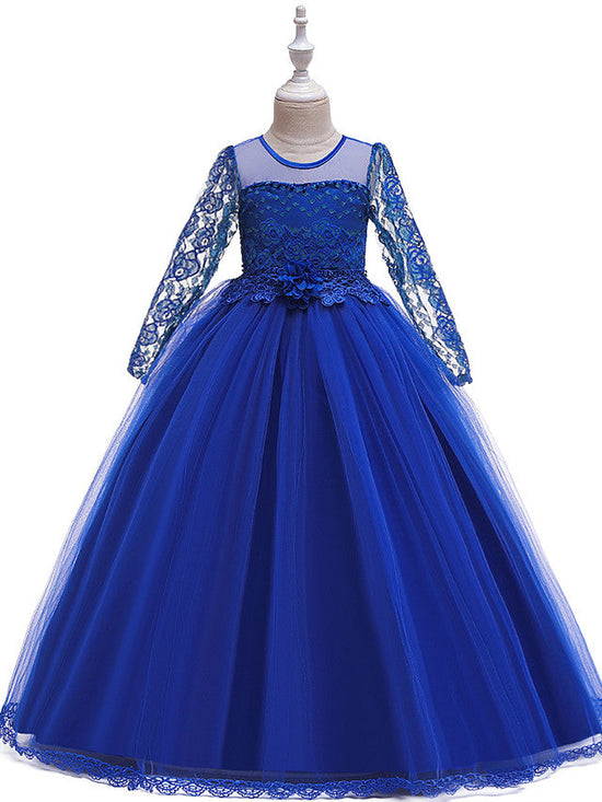 Long Princess Jewel Neck Party Pageant Flower Girl Dresses with Sleeve ...