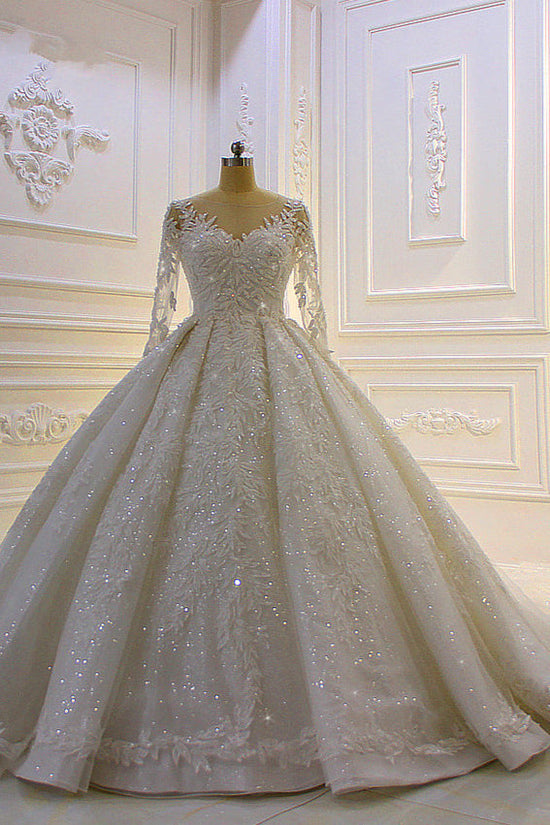 Luxury Long Ball Gown Lace Appliques Wedding Dress with Sleeves – BIZTUNNEL