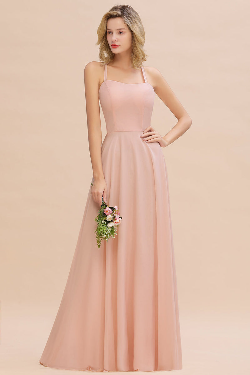 Modern Pink Long Chiffon A-line Open Back Bridesmaid Dress – BIZTUNNEL
