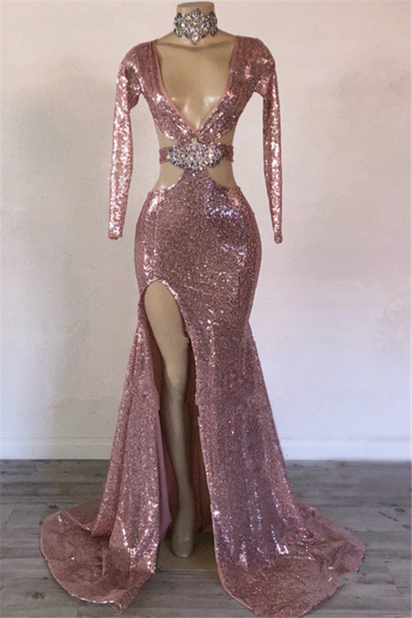 Modest Long Mermaid V-neck Sequined Front Slit Prom Dress with Sleeves ...