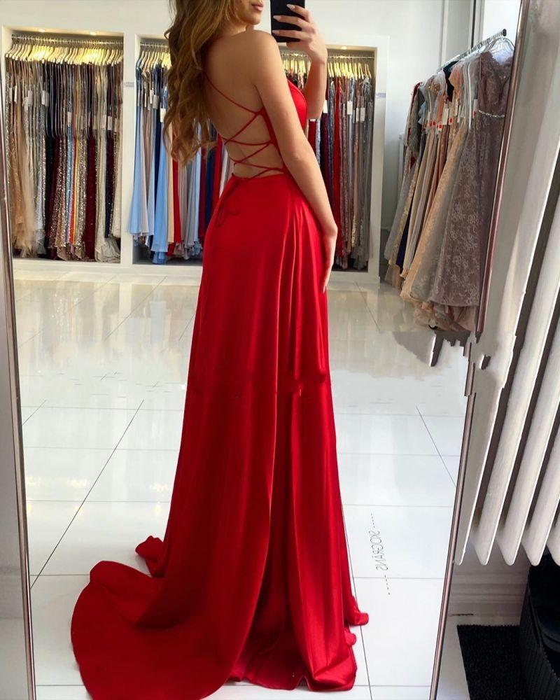 Red Long A-line V-Neck Satin Open Back Prom Dress with Split – BIZTUNNEL