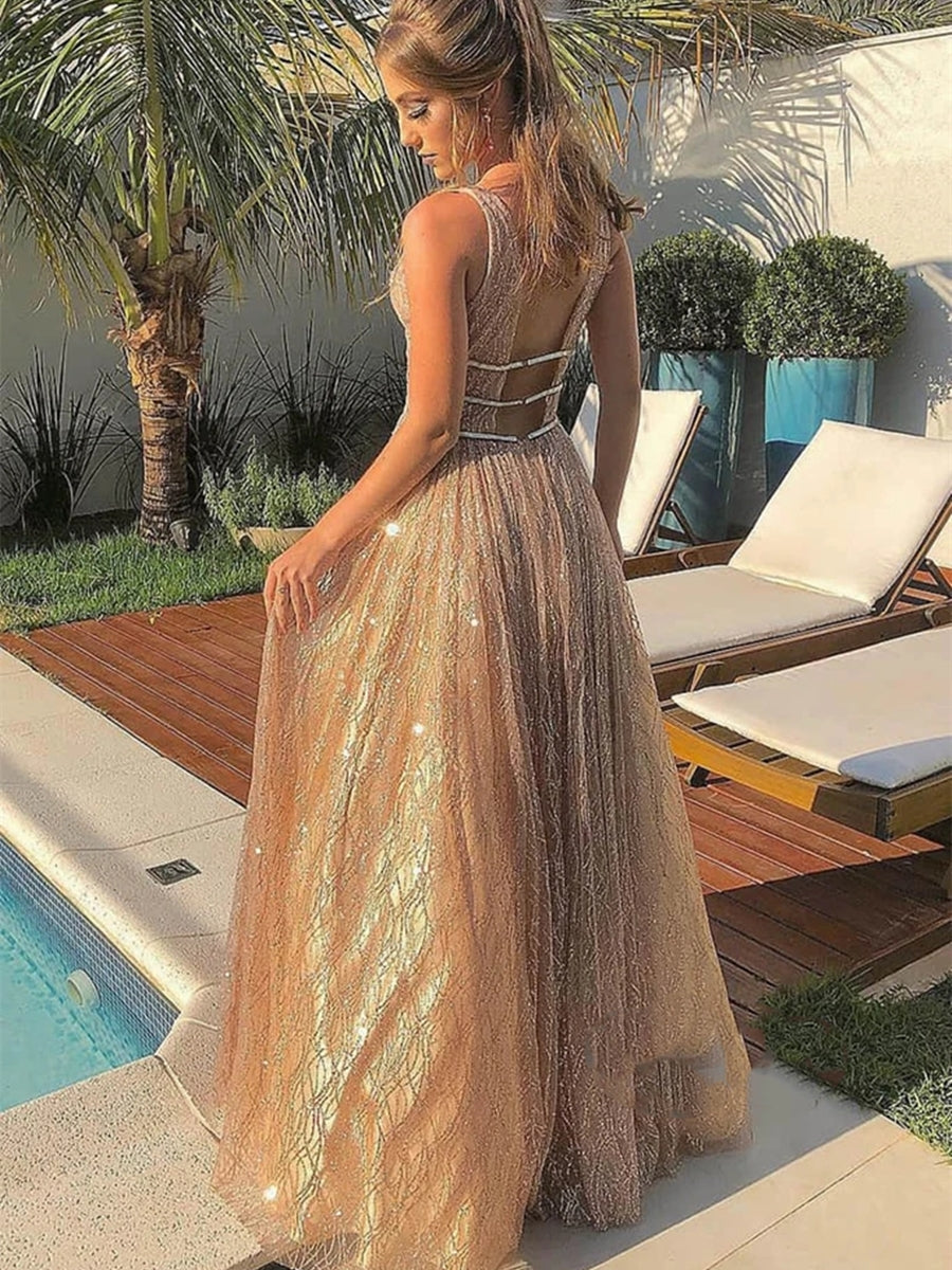 Shiny A-line V Neck Sparkly Backless Long Prom Formal Graduation Eveni ...