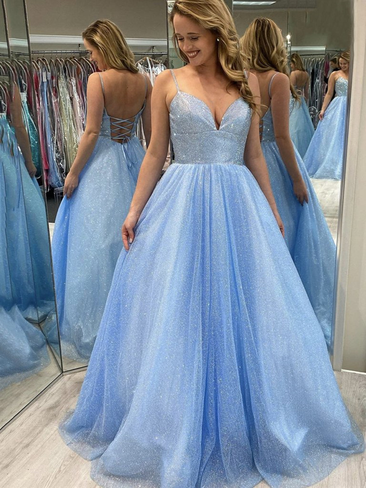 Shiny Long A-line Sweetheart Tulle Backless Formal Graduation Prom Dre ...