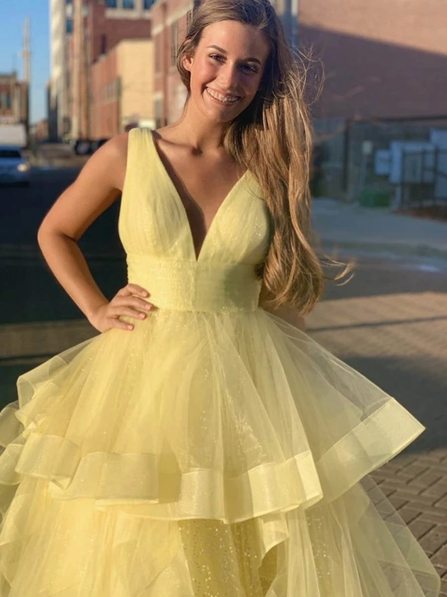 Shiny Yellow Long A-line V-neck Fluffy Tulle Graduation Prom Dresses ...