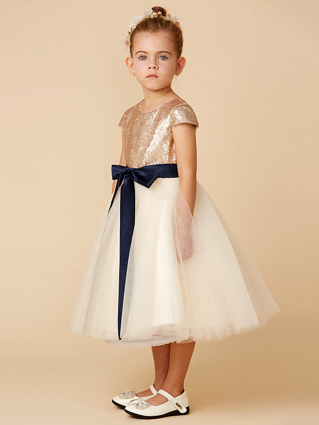 Short Princess Tulle Sequined Jewel Neck Pageant Flower Girl Dresses w ...