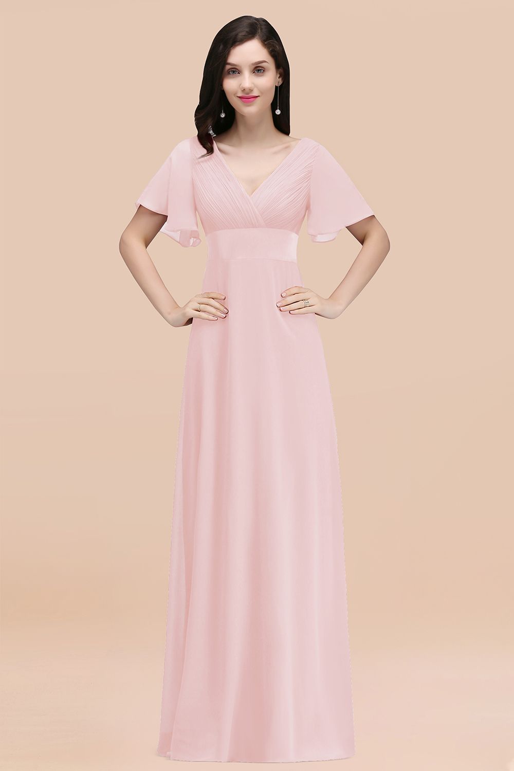 Simple Long A-Line Chiffon V-Neck Bridesmaid Dresses with Sleeves ...