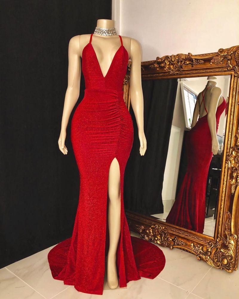 Sleeveless V-neck Halter Prom Dress with Daring Split – BIZTUNNEL