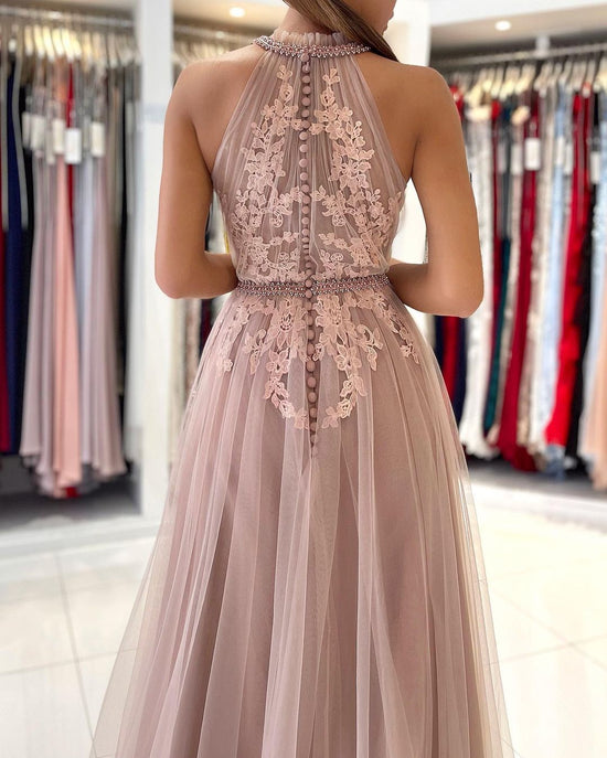Stunning A-line High Neck Tulle Long Formal Prom Dress with Lace Appli ...