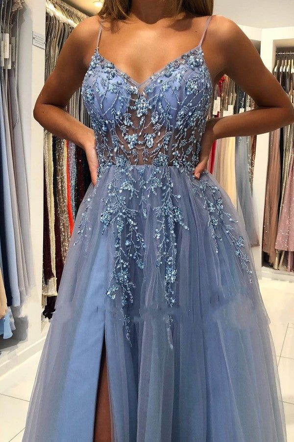 Unique Long A-line V-neck Tulle Open Back Prom Dress with Slit – BIZTUNNEL