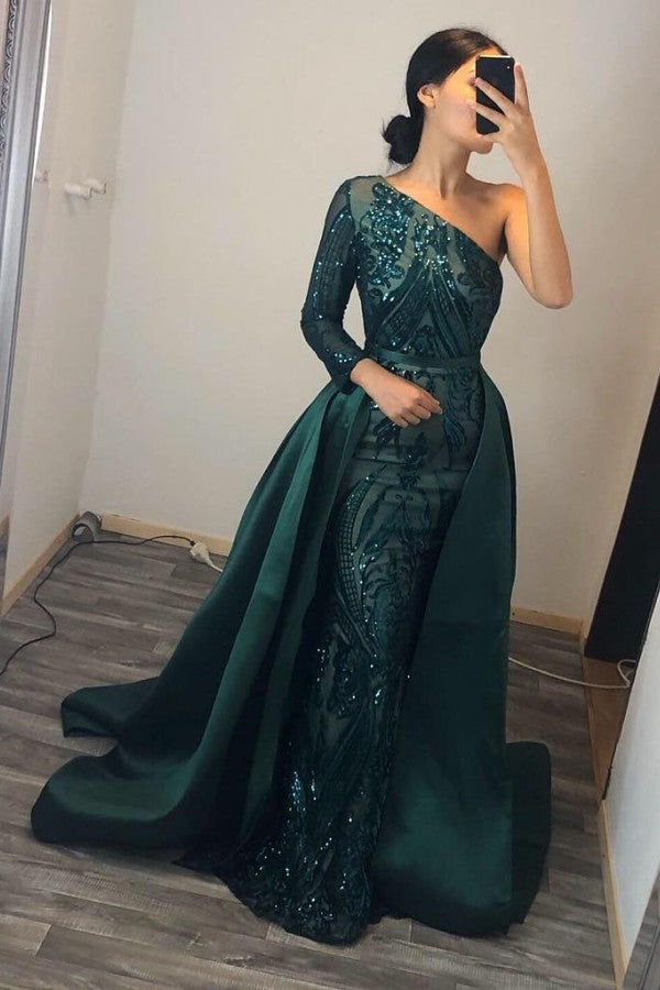 Unique Mermaid One Shoulder Sequins Long Prom Dress with Sleeves ...