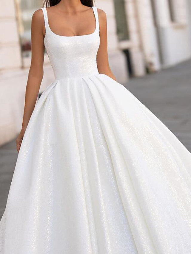 White Long Ball Gown Scoop Neck Court Train Satin Wedding Dresses ...